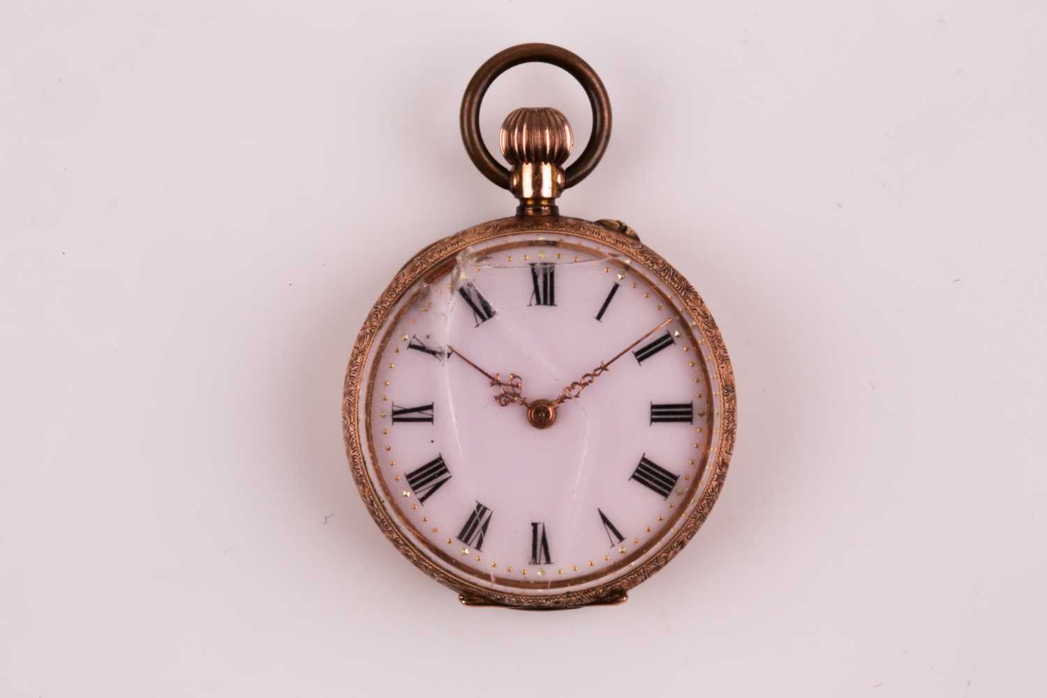 Lot 412 - A ladies 14K gold fob watch, the rose enamel