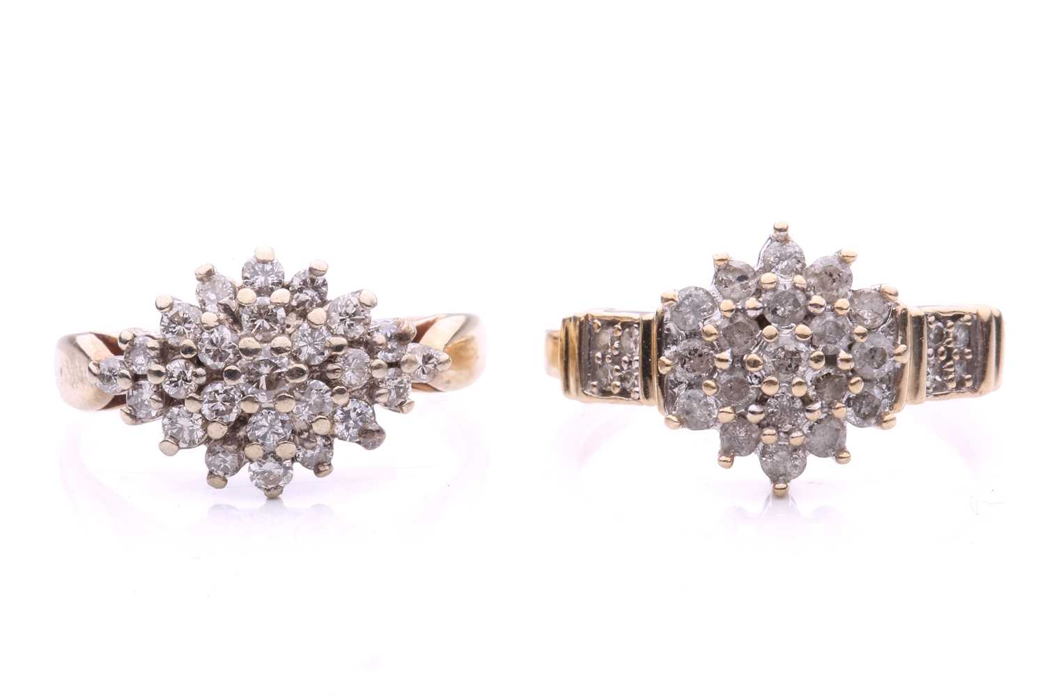 Lot 72 - Two diamond cluster rings in 9ct gold; the