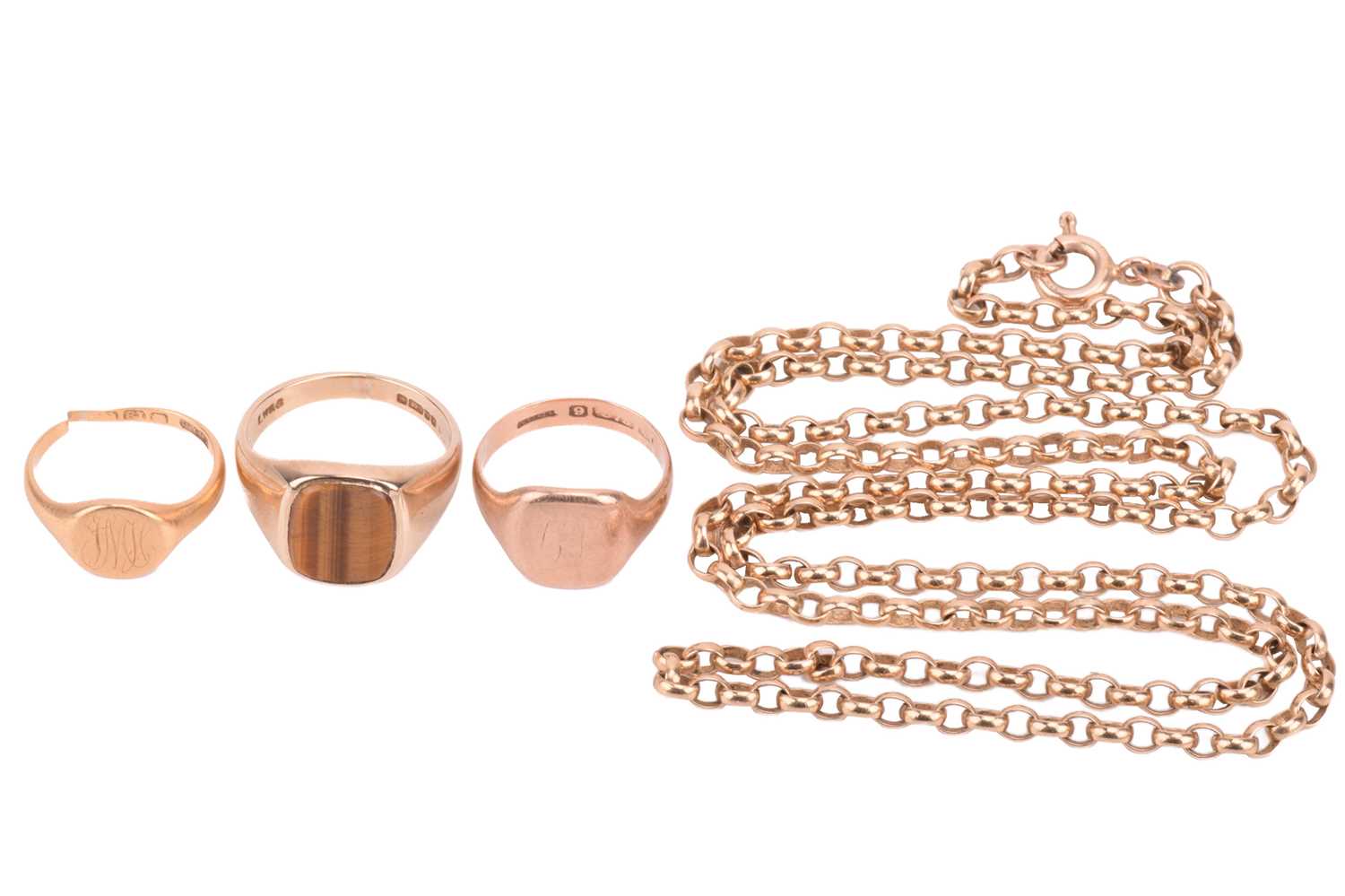 Lot 185 - Three gold signet rings and a belcher chain;
