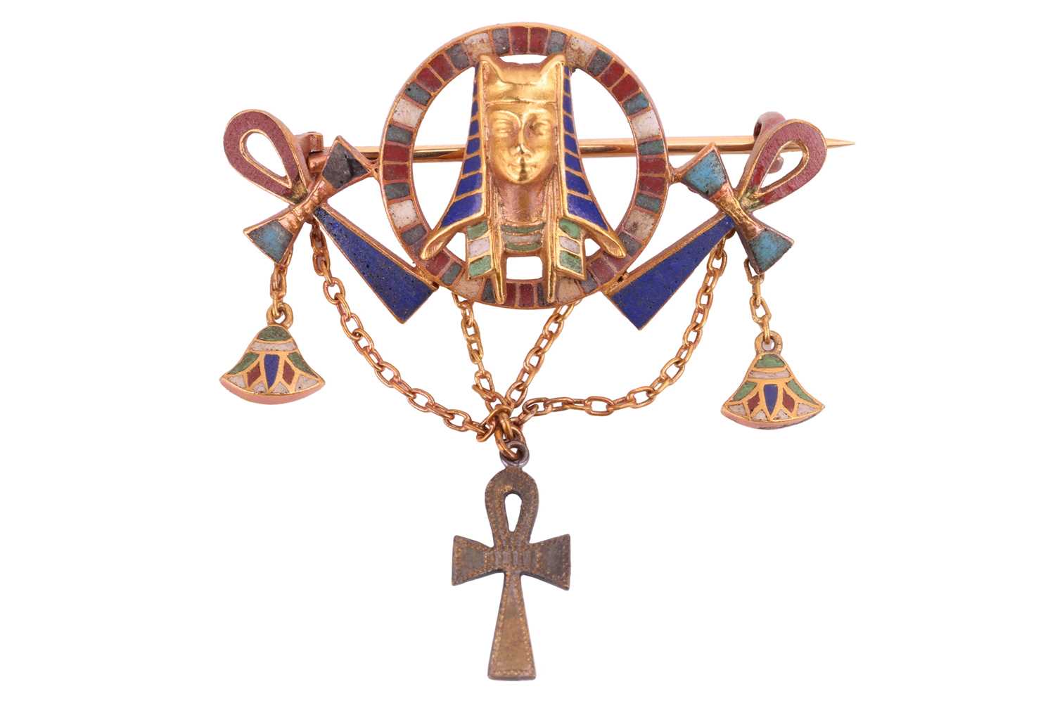 Lot 145 - An Egyptian Revival enamel brooch,