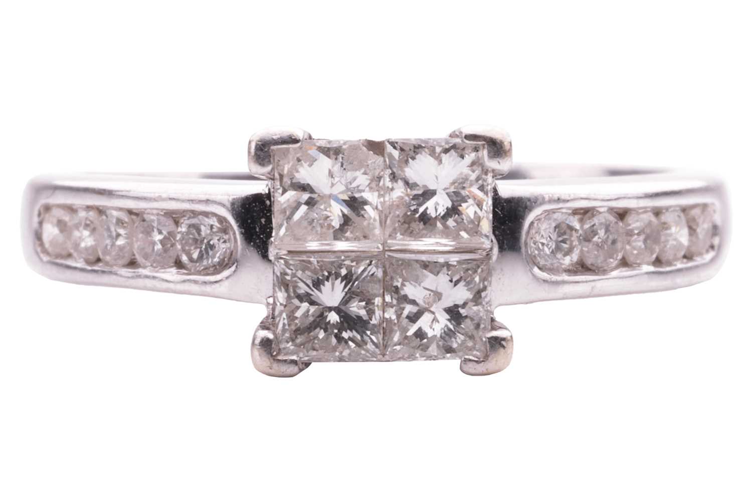 Lot 165 - A princess-cut diamond cluster ring, with