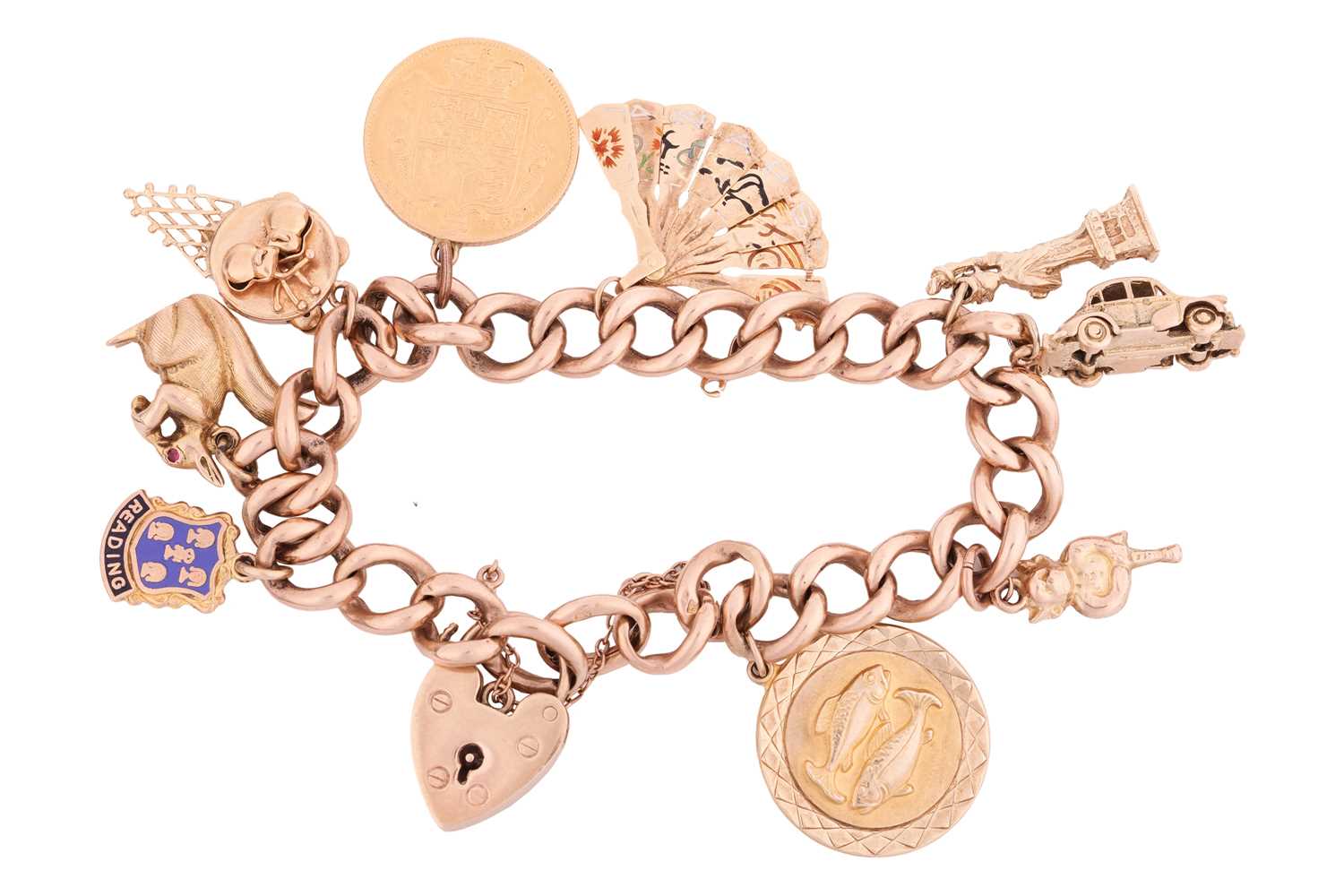 Lot 44 - A 9ct gold charm bracelet featuring nine