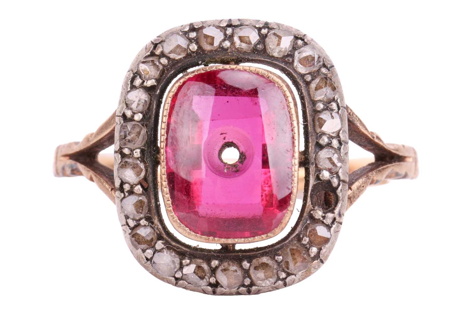Lot 13 - A diamond and synthetic ruby panel ring,