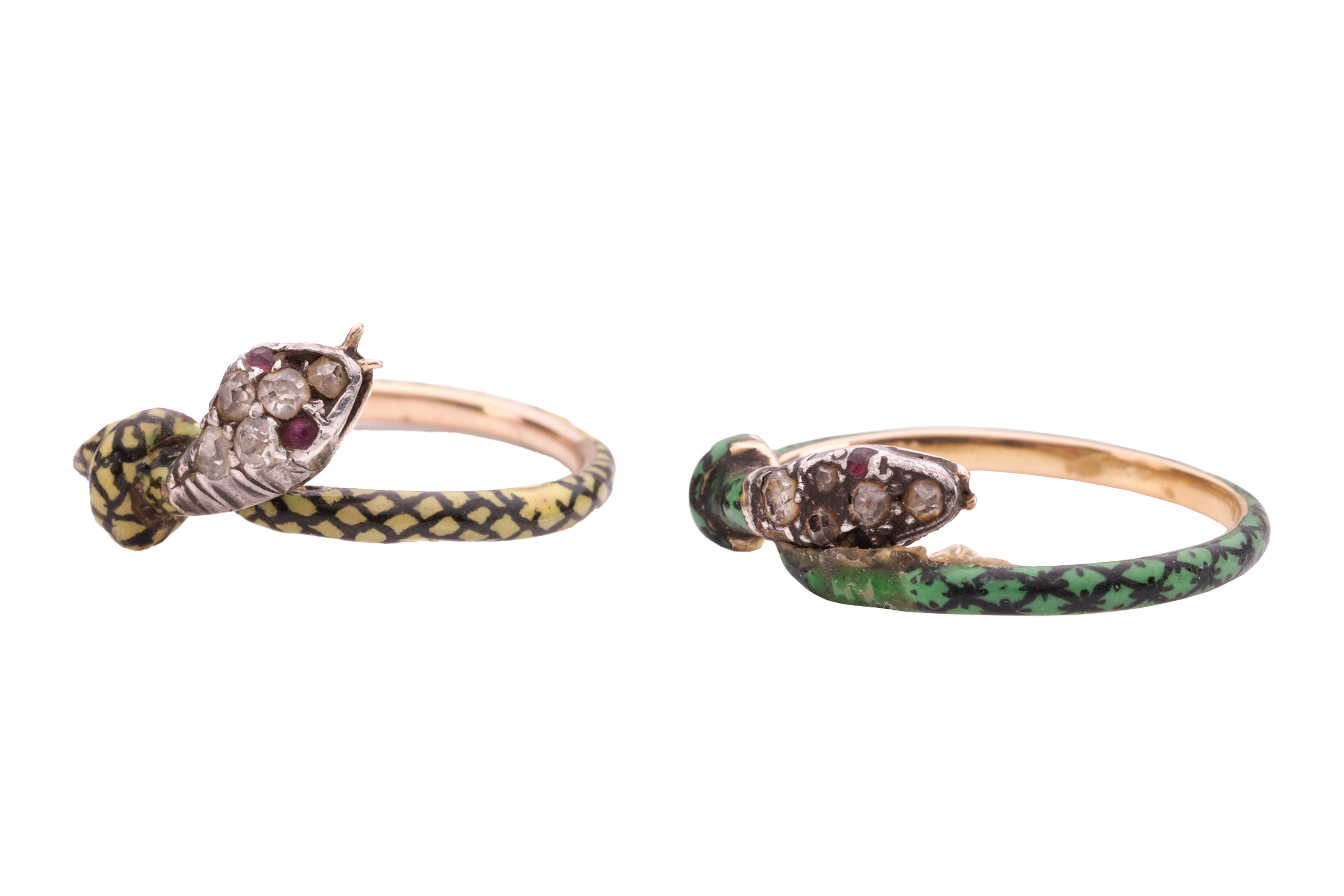 Lot 131 - A pair of Victorian enamel snake rings; both