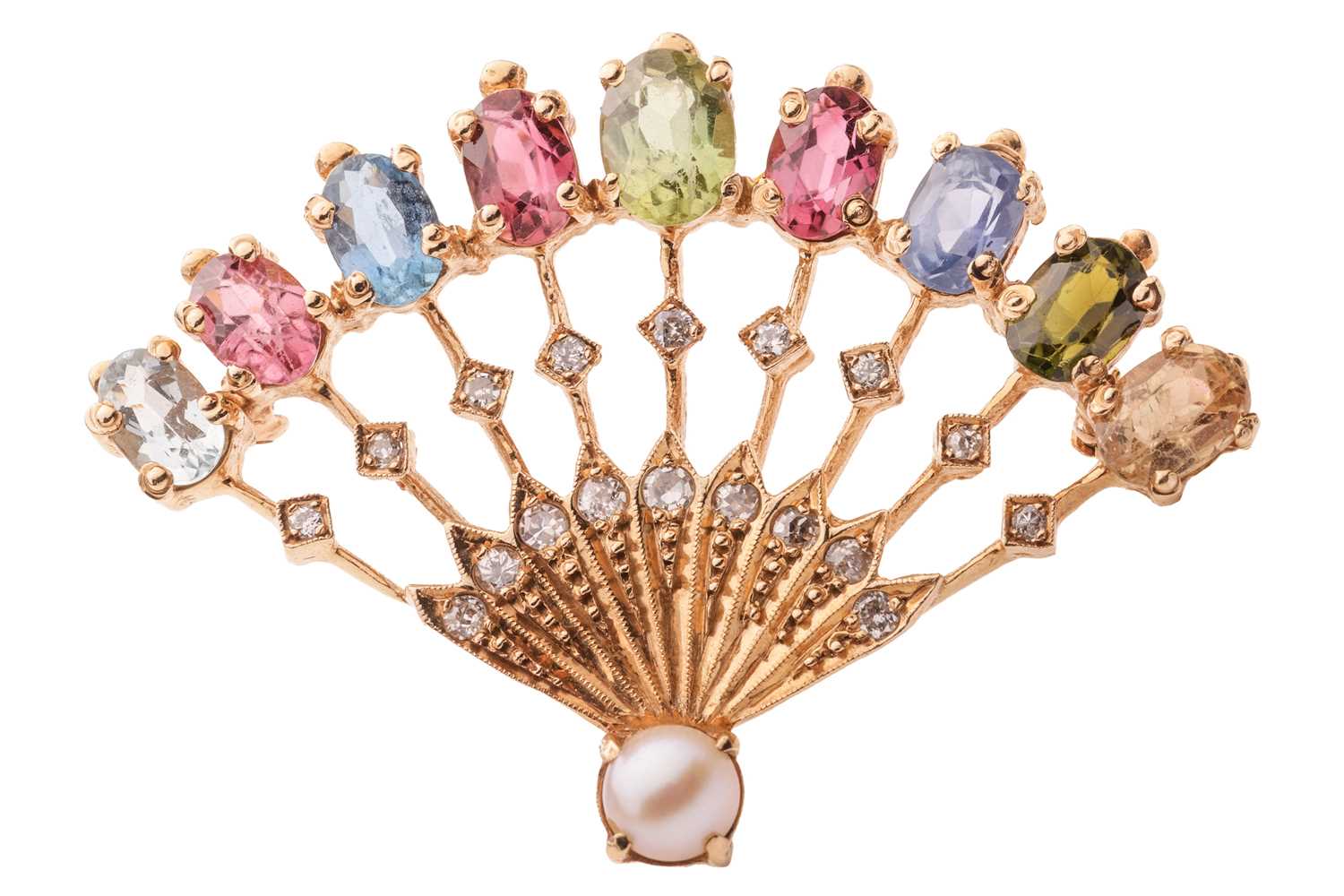 Lot 4 - A gem-set fan brooch, claw-set with a row of