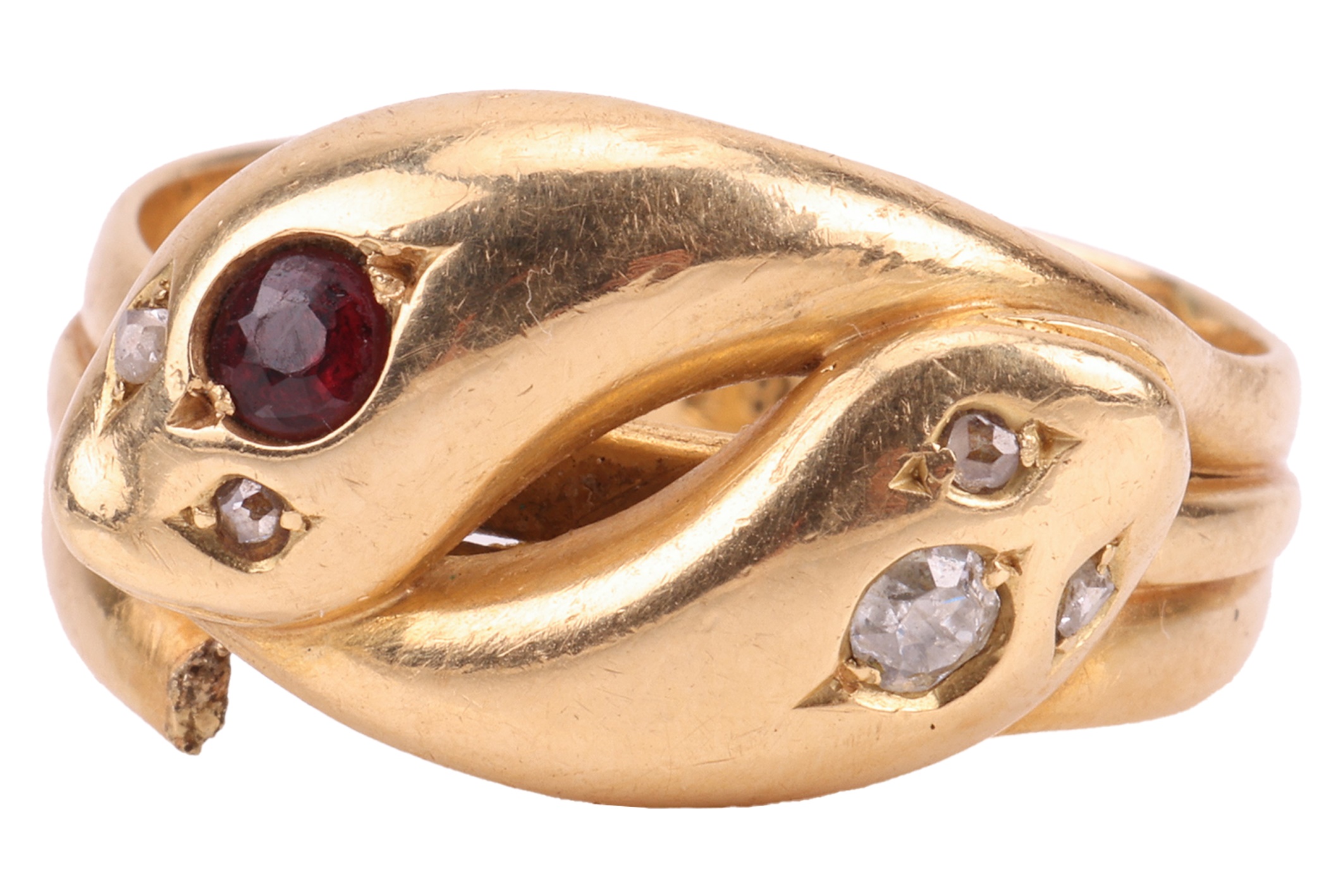 Lot 184 - A Victorian gem-set double serpent ring in