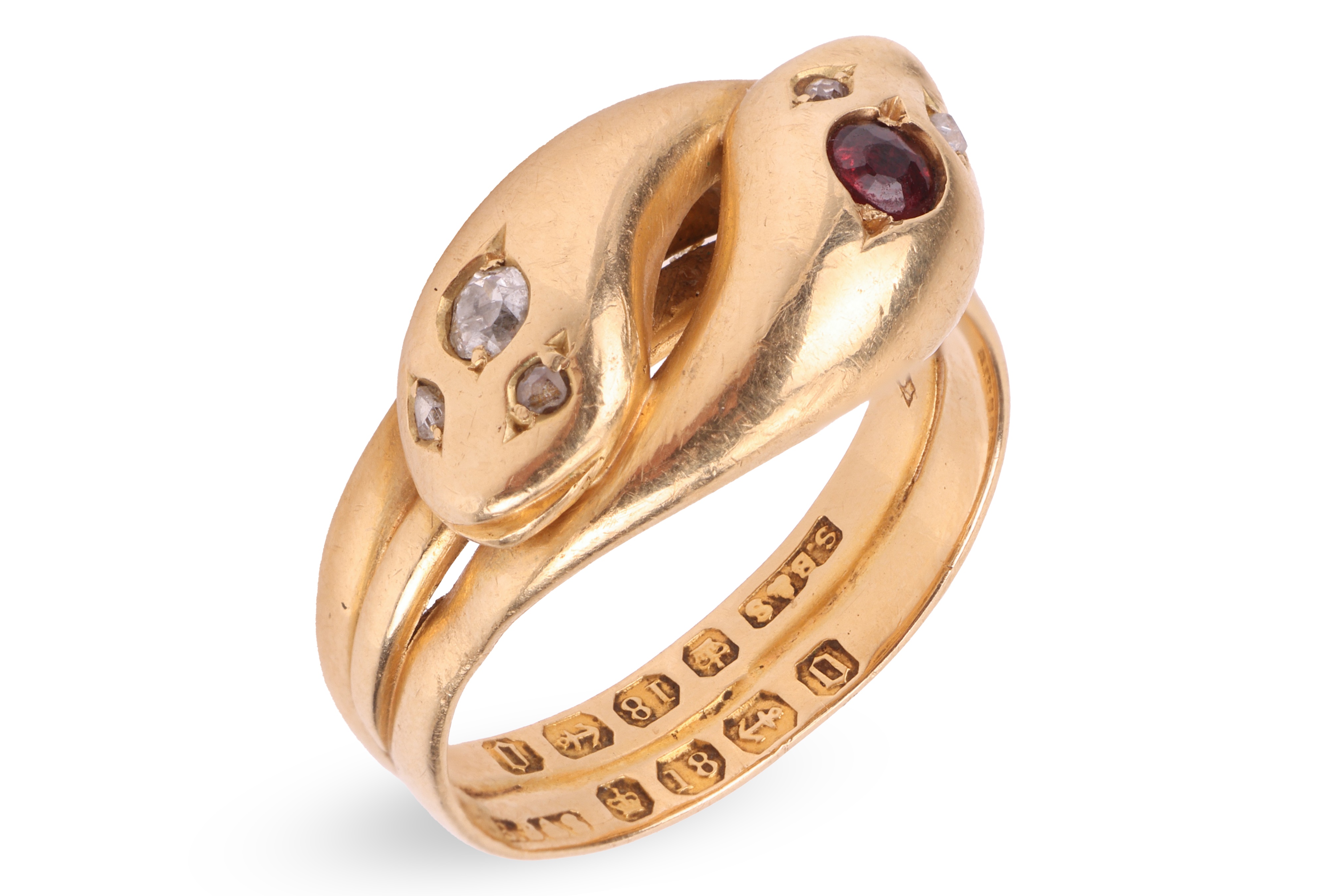 Lot 184 - A Victorian gem-set double serpent ring in