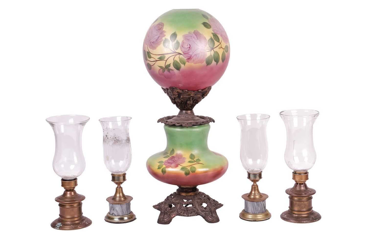 Lot 286 - A large painted glass oil lamp and globe,