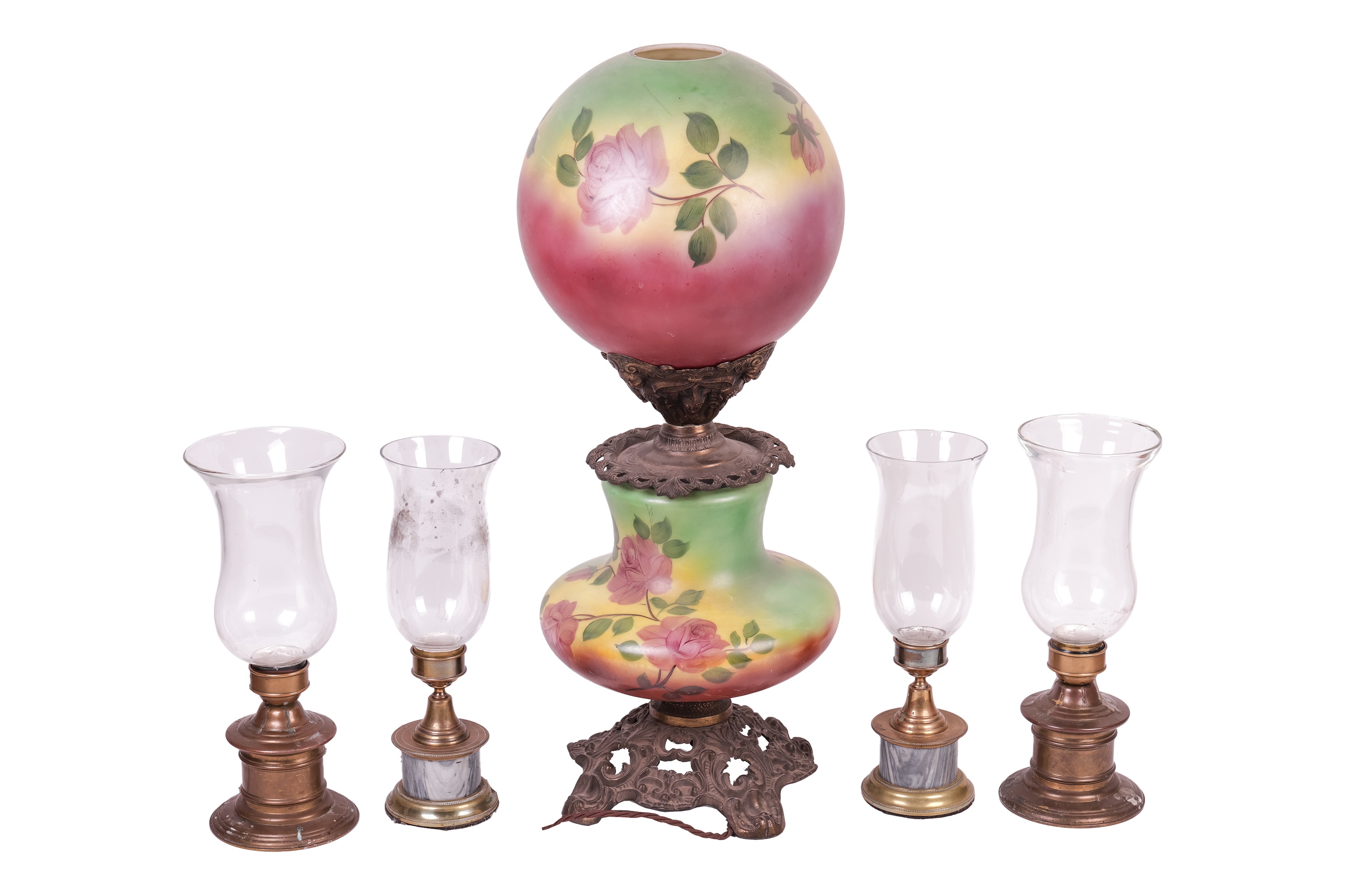Lot 286 - A large painted glass oil lamp and globe,